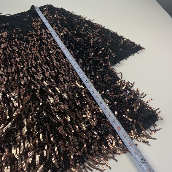 Zara | Dresses | Zara Sequin Fringe Mini Hessian Dress Sz M Black Gold ...